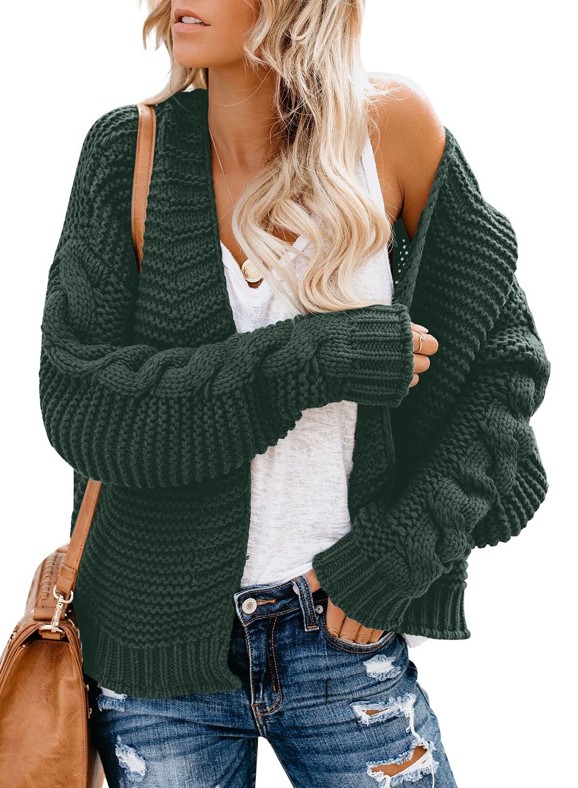 Dokotoo Womens Sweater Cardigans Fashion Ladies Winter Warm Cozy Open Front Pockets Long Sleeve Chunky Warm Cable Knit Cardigan Sweater Pullover Outwear Coat Green XL