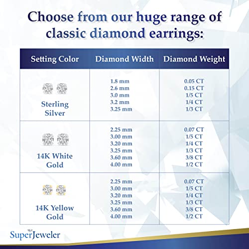 Diamond Earring Studs for Women and Men by SuperJeweler | 1/5 CT to ½ CT Diamonds | Sterling Silver, White or Yellow Gold Stud Earrings | Silicone Backs with Bonus Butterfly Backs