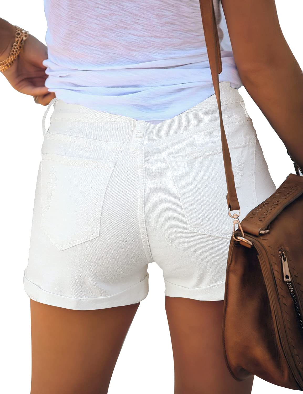 luvamia Women's Stretchy Ripped Denim Shorts High Waisted Cuffed Hem Jean Shorts Womens Shorts Casual Salt White Size Medium
