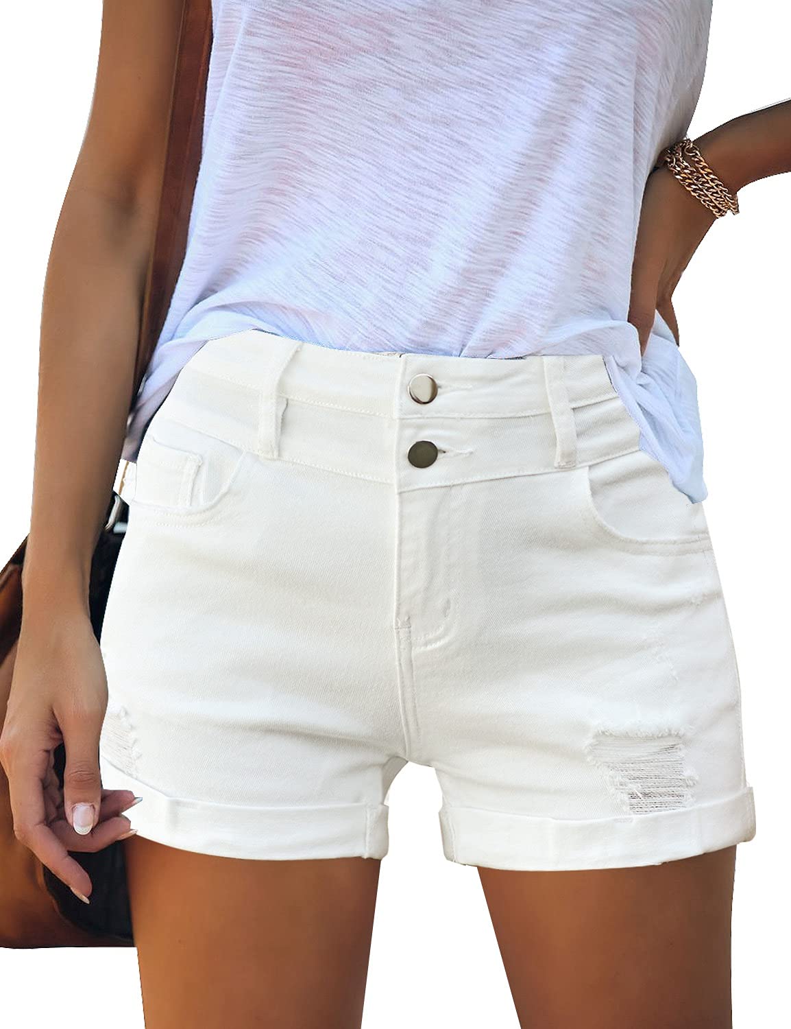 luvamia Women's Stretchy Ripped Denim Shorts High Waisted Cuffed Hem Jean Shorts Womens Shorts Casual Salt White Size Medium