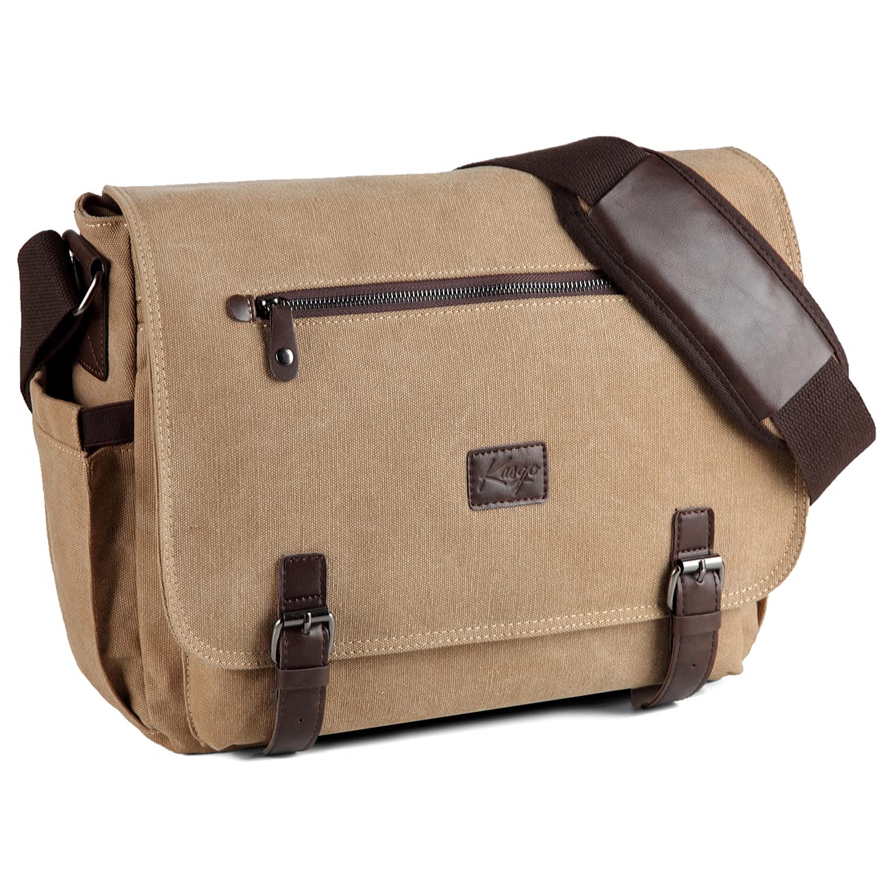 Kasqo Messenger Bag for Men, 14" Vintage Shockproof Waterproof Canvas Laptop Satchel Bag for School College Work, Khaki
