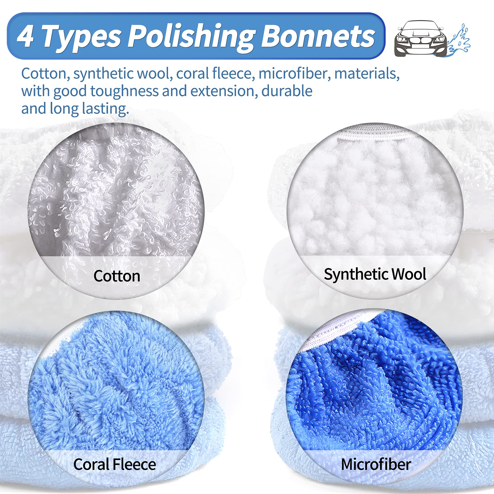OTUAYAUTO 12PCS 7 Inch to 8 Inch Polishing Bonnets - Microfiber/Woolen/Cotton/Coral Fleece Car Buffing Bonnet for Most Automotive Polishers