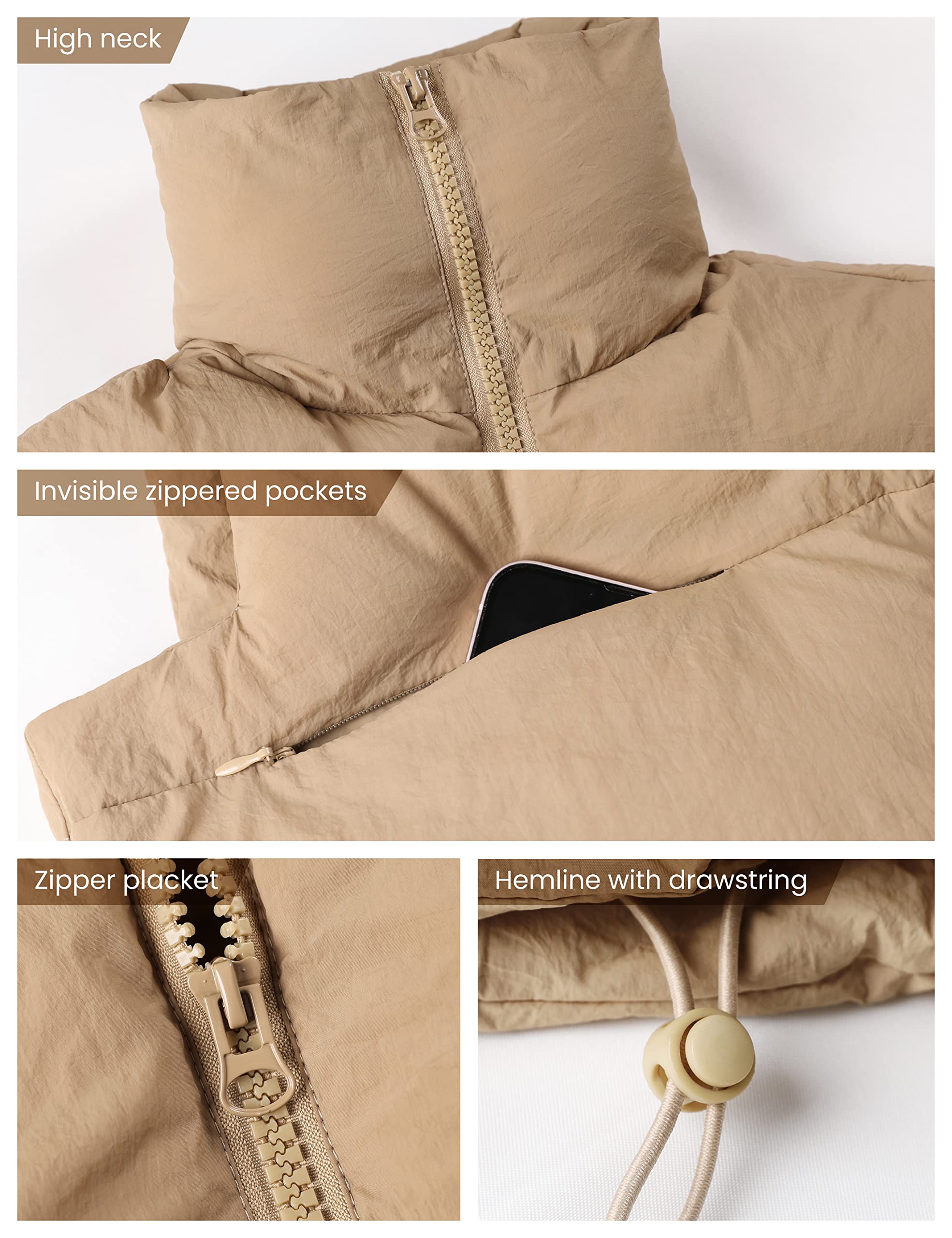 UANEO Cropped Puffer Vest Women Zip Up Stand Collar Sleeveless Padded Crop Puffy Vests (Khaki-M)