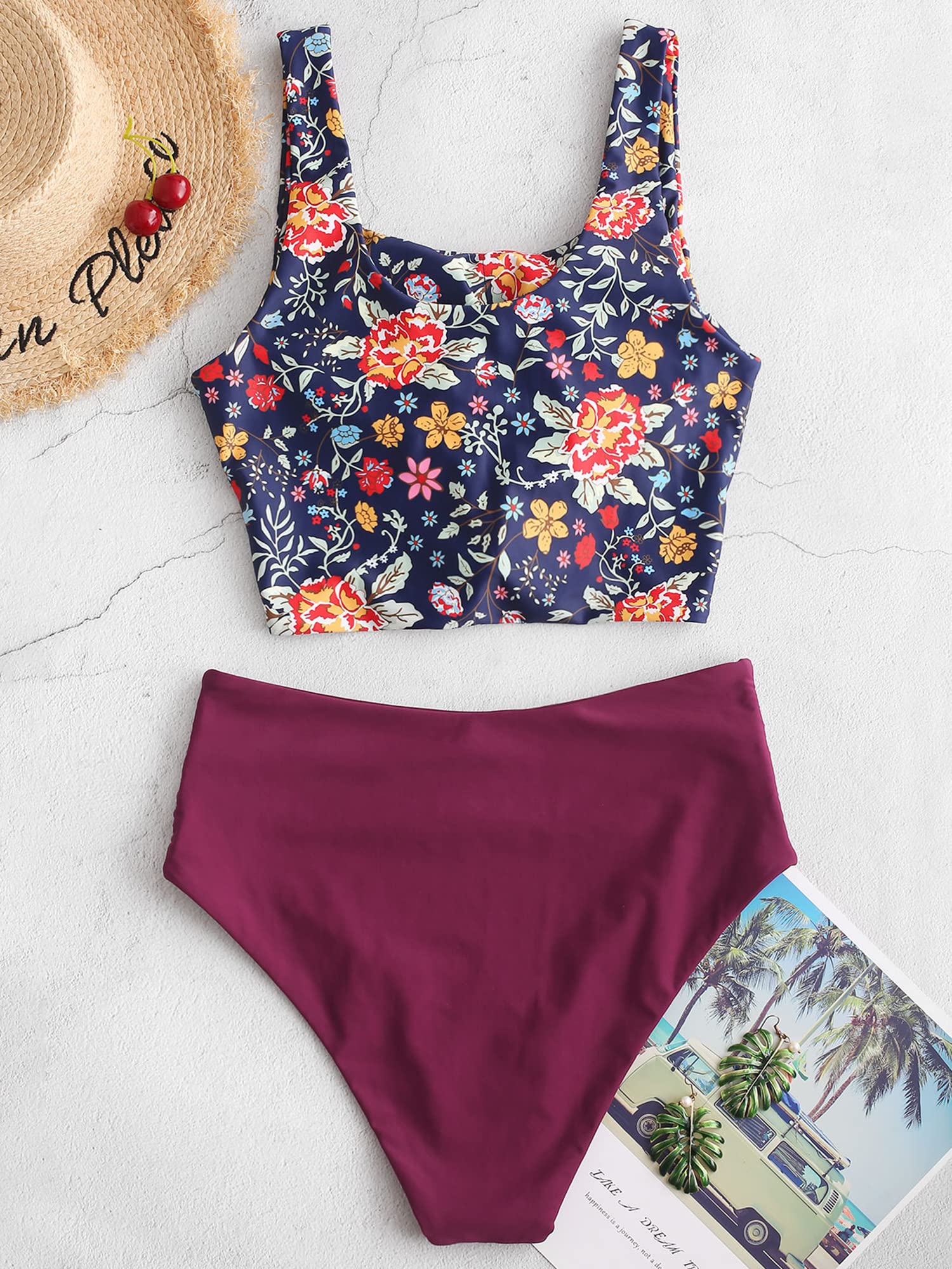 ZAFUL Women's Scoop Neck Tropical Leaf Knotted Two Pieces Tankini Set Swimsuit (4-Plum Pie, L)