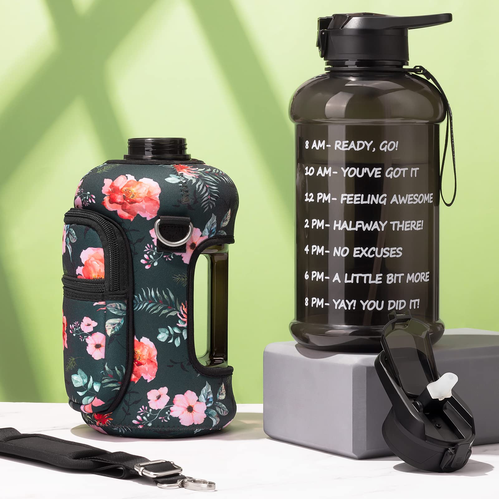 Fimibuke Half Gallon Water Bottle with Sleeve 64 OZ Water Bottle with Handle & Straw Leakproof Motivational Sport Gym Water Bottle with Time Marker BPA Free Water Jug with Neoprene Holder - Retro Rose
