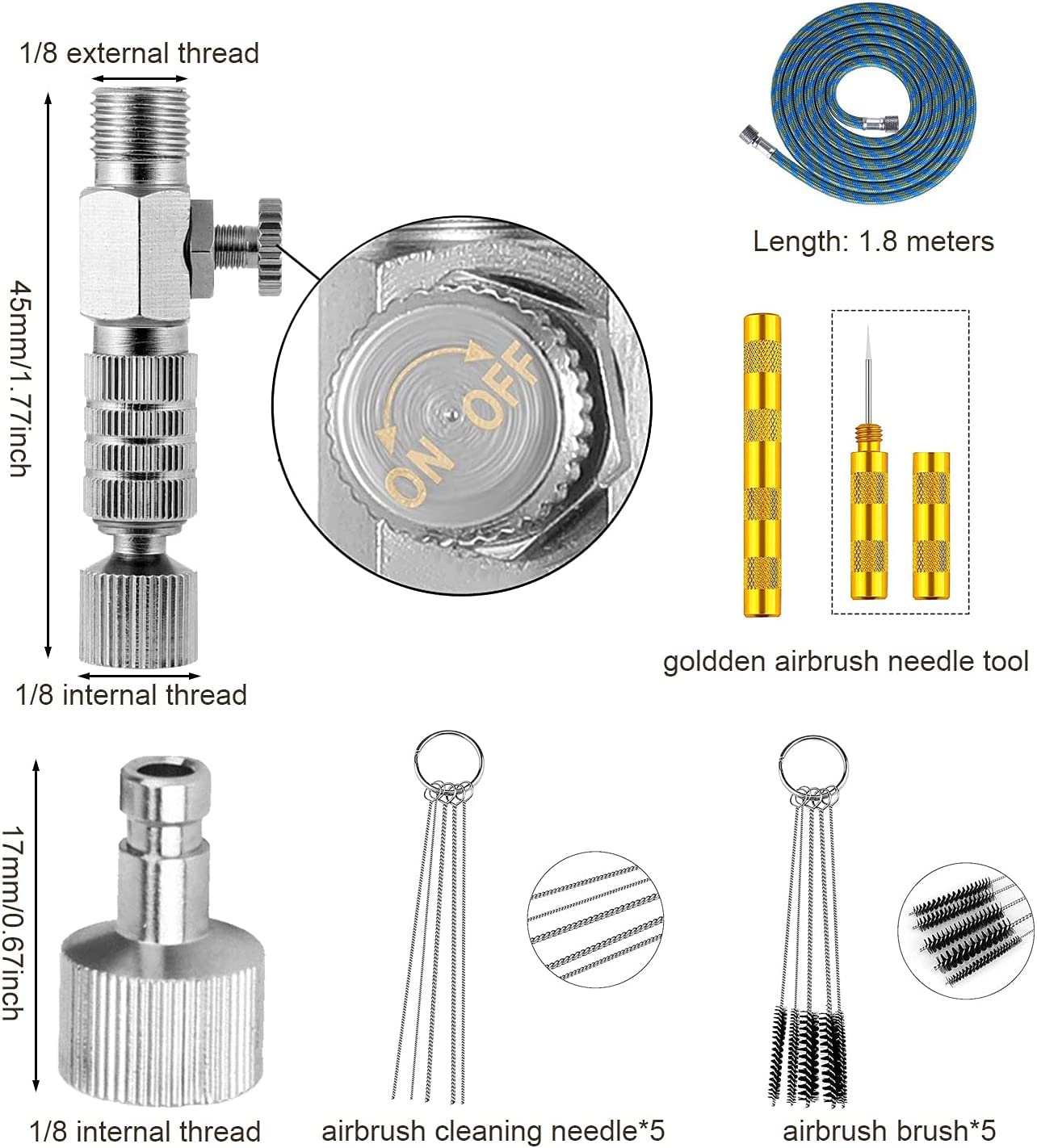 16PCS Airbrush Adapter Set Includes 12PCS Airbrush Adapter Kit Fitting Quick Release Disconnect Fitting Connector,Airbrush Hose with Airbrush Spray Cleaning Repair Tool for Air Compressor