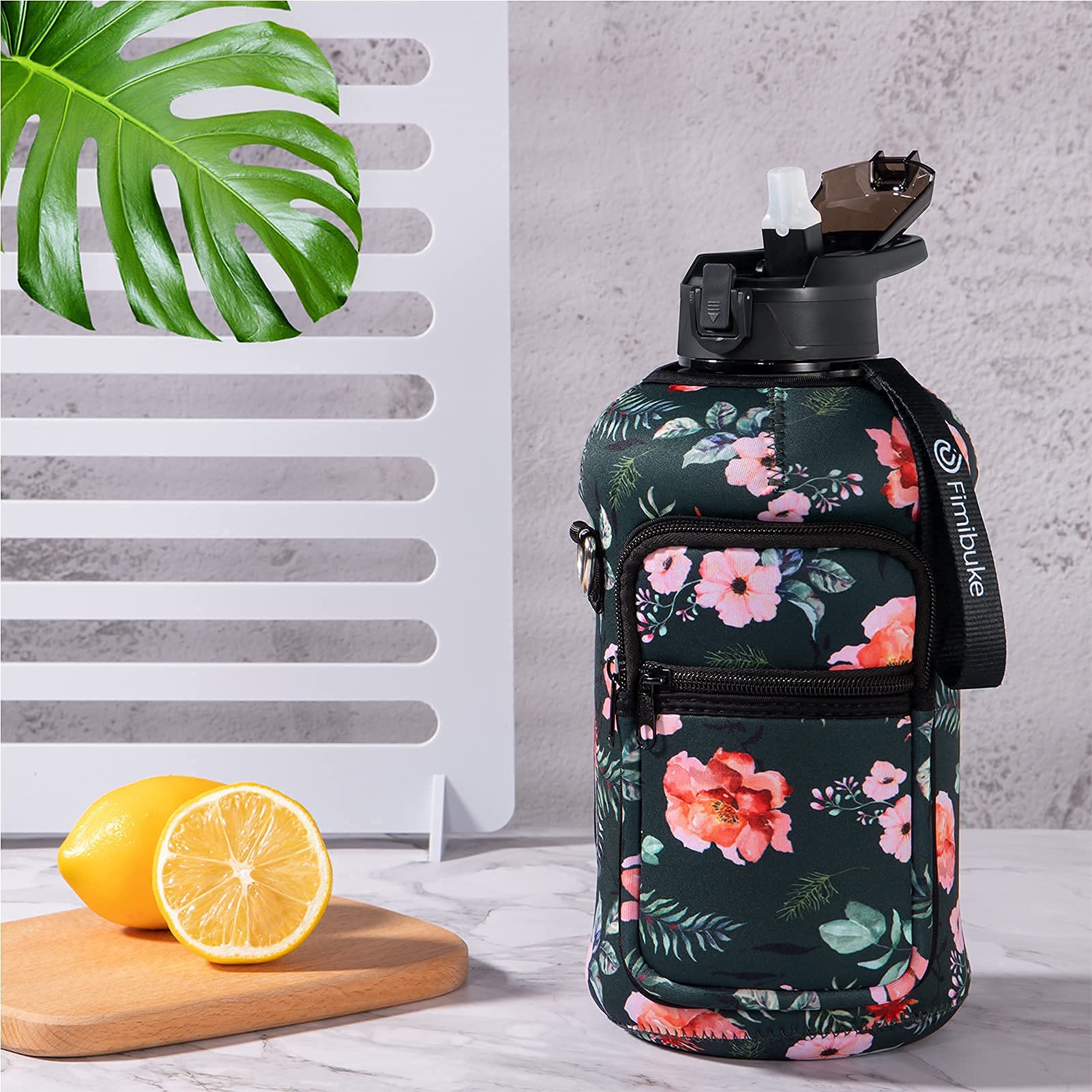 Fimibuke Half Gallon Water Bottle with Sleeve 64 OZ Water Bottle with Handle & Straw Leakproof Motivational Sport Gym Water Bottle with Time Marker BPA Free Water Jug with Neoprene Holder - Retro Rose