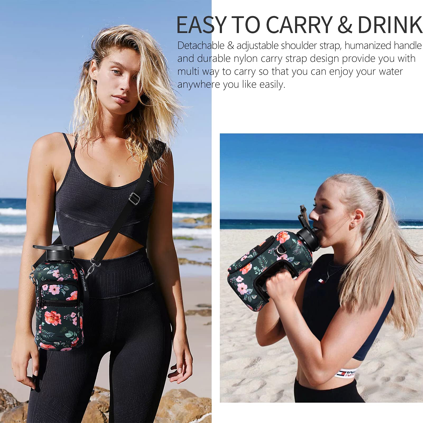 Fimibuke Half Gallon Water Bottle with Sleeve 64 OZ Water Bottle with Handle & Straw Leakproof Motivational Sport Gym Water Bottle with Time Marker BPA Free Water Jug with Neoprene Holder - Retro Rose