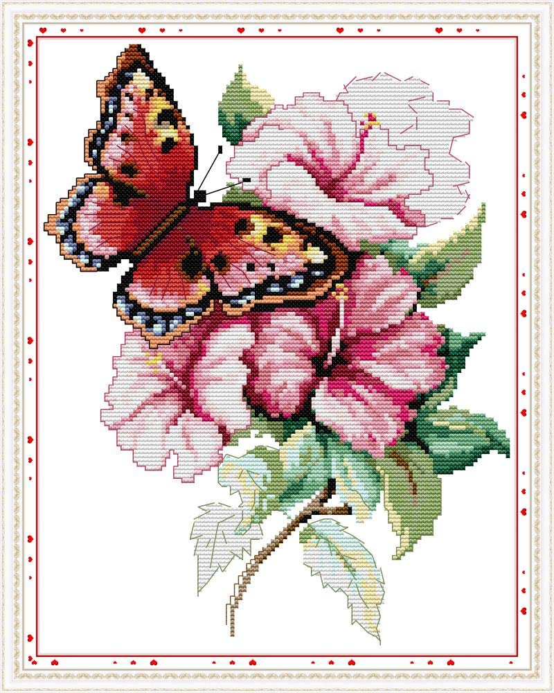 MONDART Stamped Cross Stitch Kit A Full Range of Embroidery Starter Kits for Beginners-Butterfly Love Flower 18 (Printed Cloth 11CT, 14.17×17.32-inch)