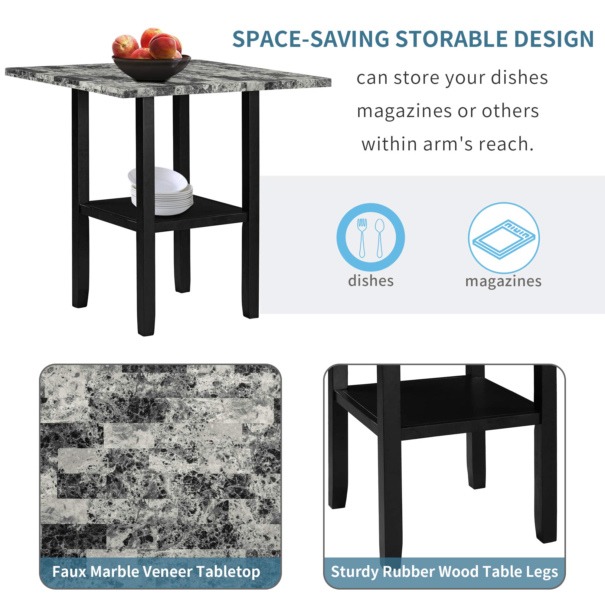 XD Designs 5 Piece Dining Set for Dining Room Wood Marble Veneer Dining Table with Bottom Shelf 4 PU Leather Chairs WNail Head Trim Small Spaces Gray Grey