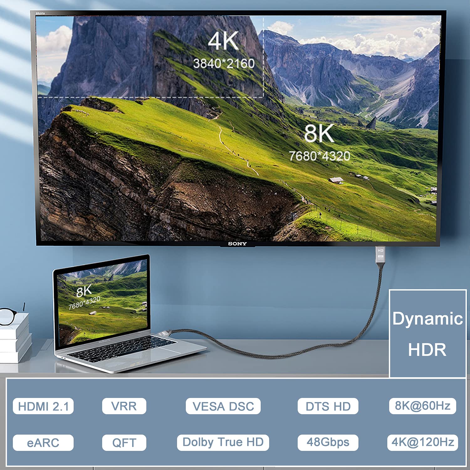 8K HDMI Cable 6.6FT/2M, Ultra High-Speed 48Gbps Gold Plated Braided HDMI 2.1 Cord, 4K@120Hz 8K@60Hz, Dynamic HDR, eARC, Compatible with PS5/Xbox/Playstation/Fire TV/Roku TV and More