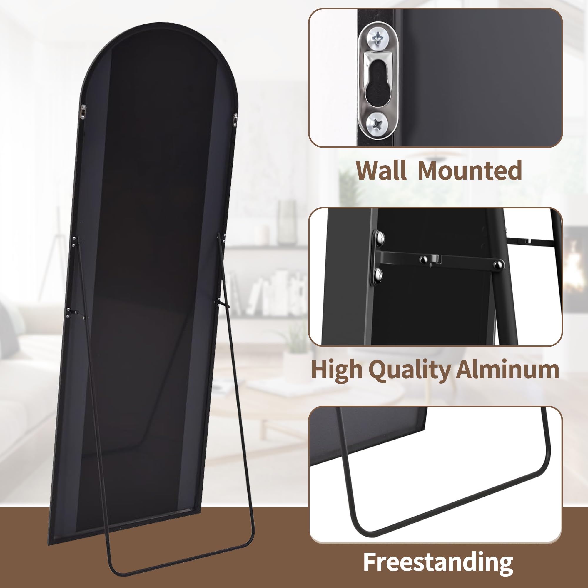 OGCAU Full Length Mirror, Floor Mirror, 65"x22" Arched-Top Mirror, Hanging or Leaning, Standing Mirror, Body, Wall Mounted with Aluminum Frame for Bedroom Living Room, Black