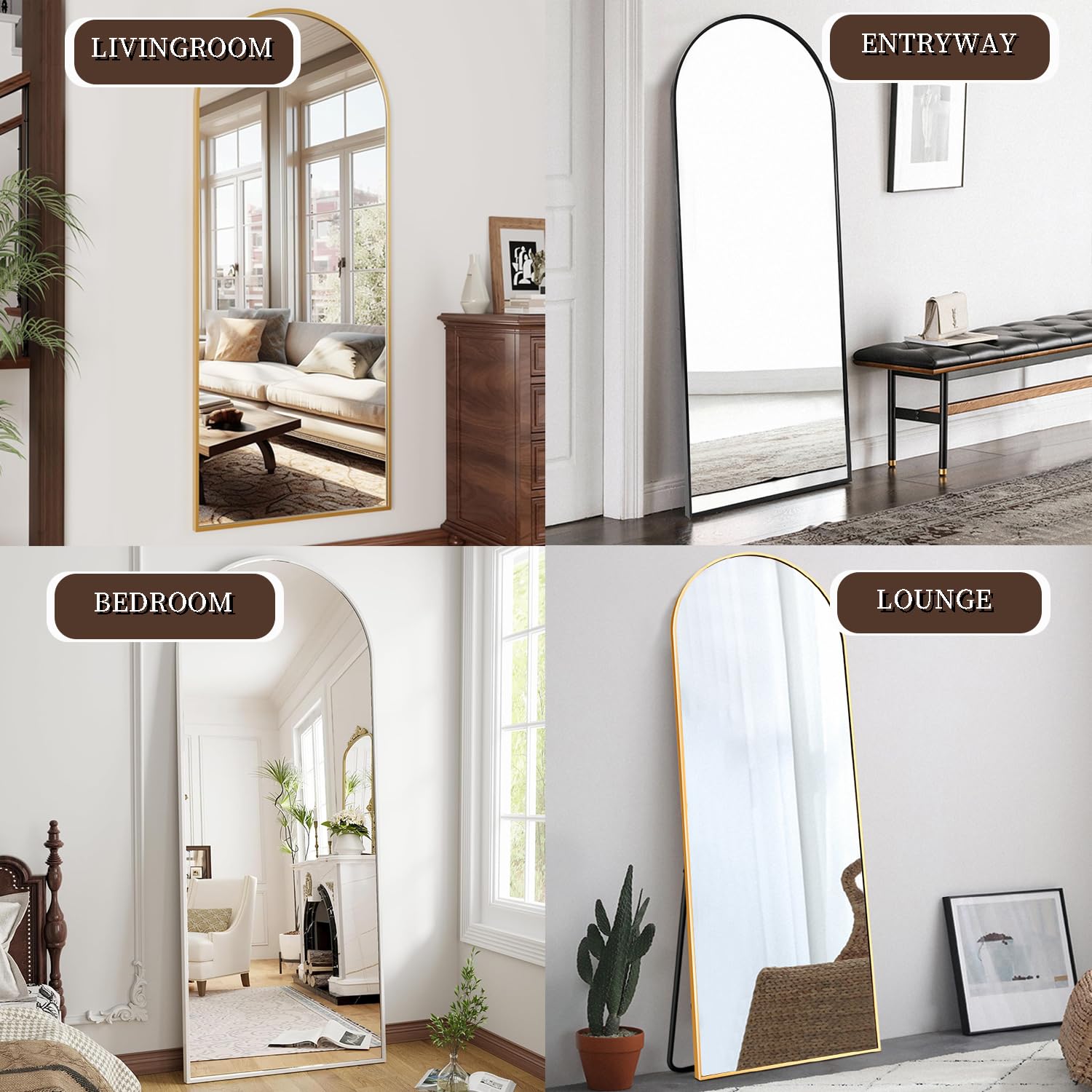 OGCAU Full Length Mirror, Floor Mirror, 65"x22" Arched-Top Mirror, Hanging or Leaning, Standing Mirror, Body, Wall Mounted with Aluminum Frame for Bedroom Living Room, Black