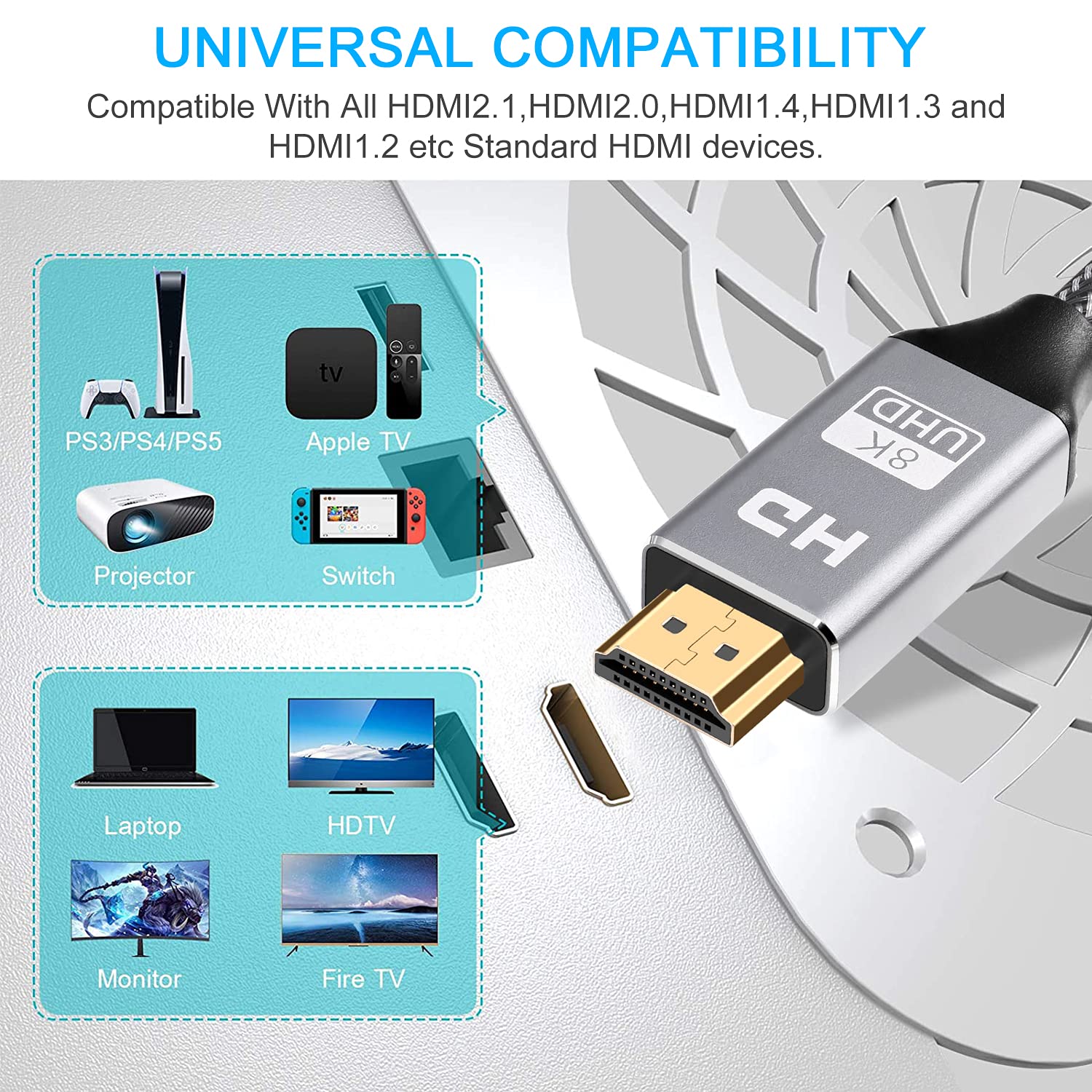 8K HDMI Cable 6.6FT/2M, Ultra High-Speed 48Gbps Gold Plated Braided HDMI 2.1 Cord, 4K@120Hz 8K@60Hz, Dynamic HDR, eARC, Compatible with PS5/Xbox/Playstation/Fire TV/Roku TV and More