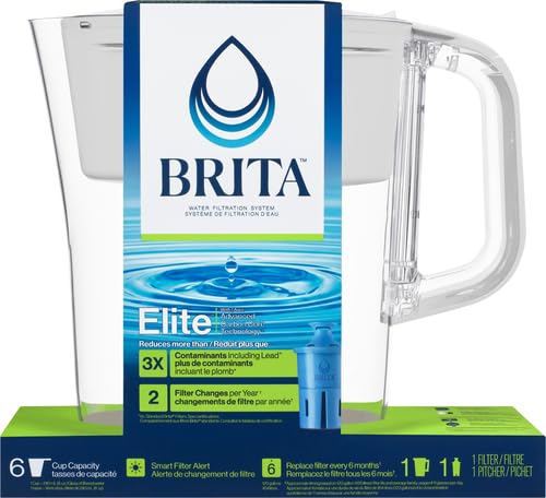 Brita Small 6 Cup Denali Water Filter Pitcher with 1 Brita Elite Filter, Made Without BPA, White