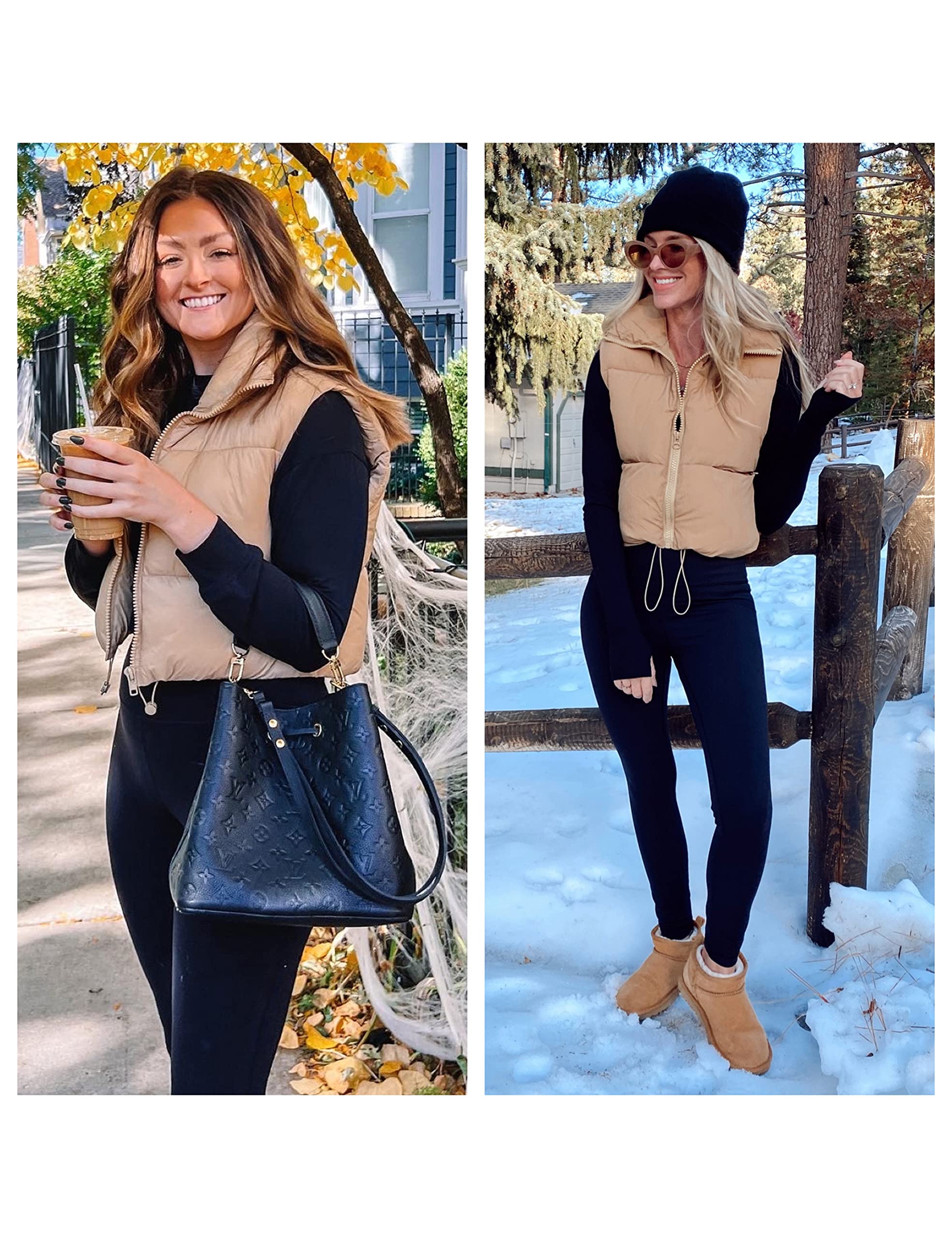 UANEO Cropped Puffer Vest Women Zip Up Stand Collar Sleeveless Padded Crop Puffy Vests (Khaki-S)