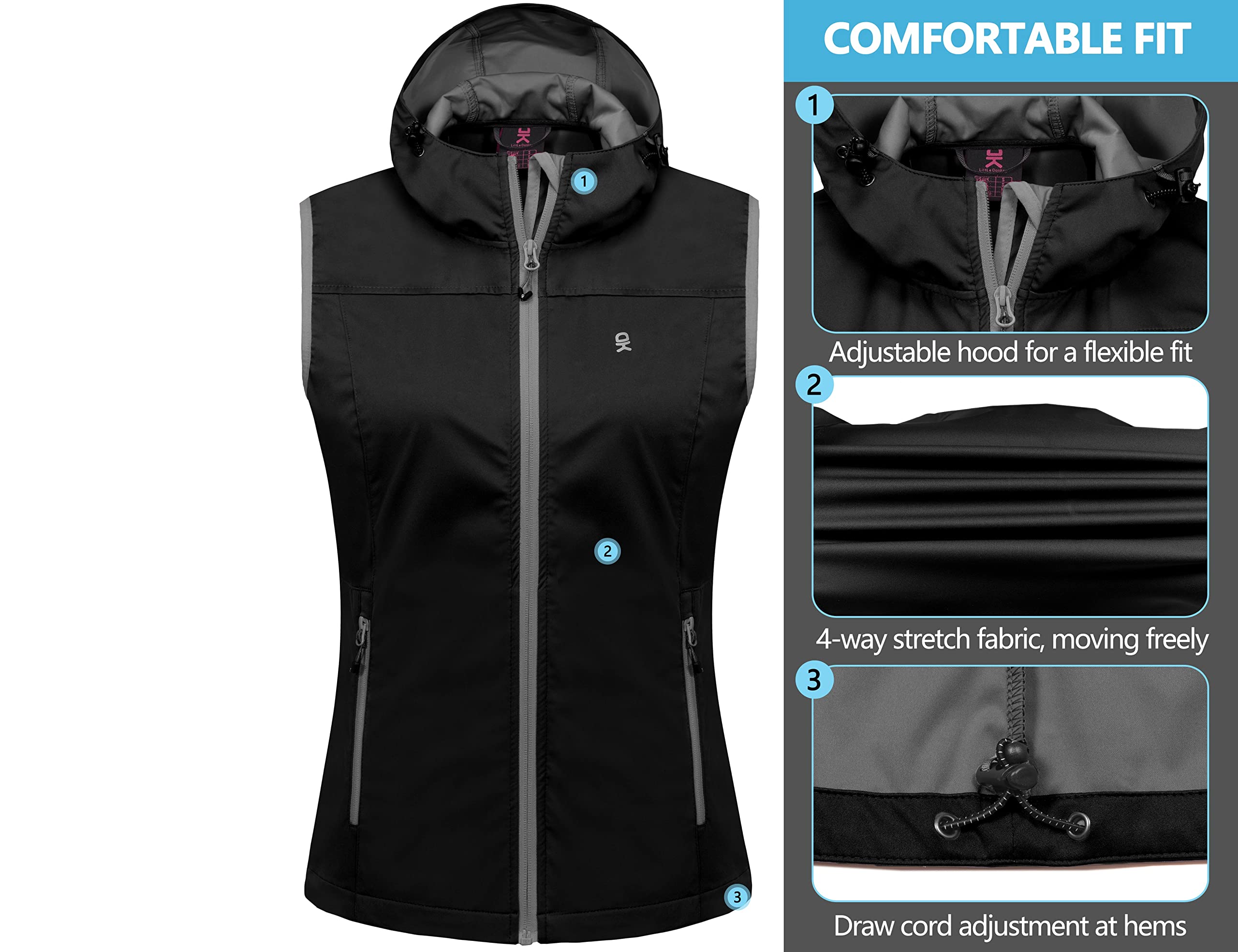 Little Donkey Andy Women's Lightweight Softshell Vest, Hooded Windproof Sleeveless Jacket for Golf Travel Hiking Running Black L