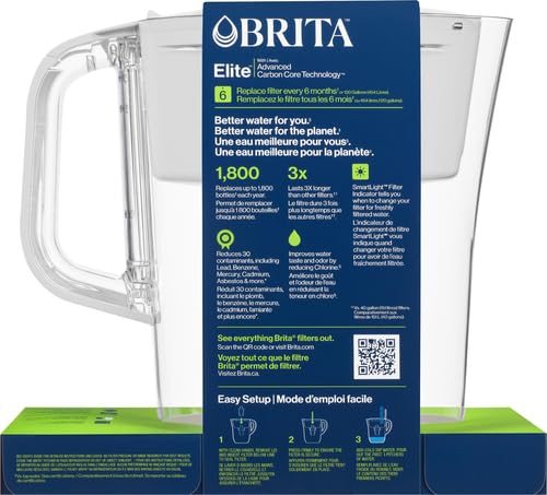 Brita Small 6 Cup Denali Water Filter Pitcher with 1 Brita Elite Filter, Made Without BPA, White