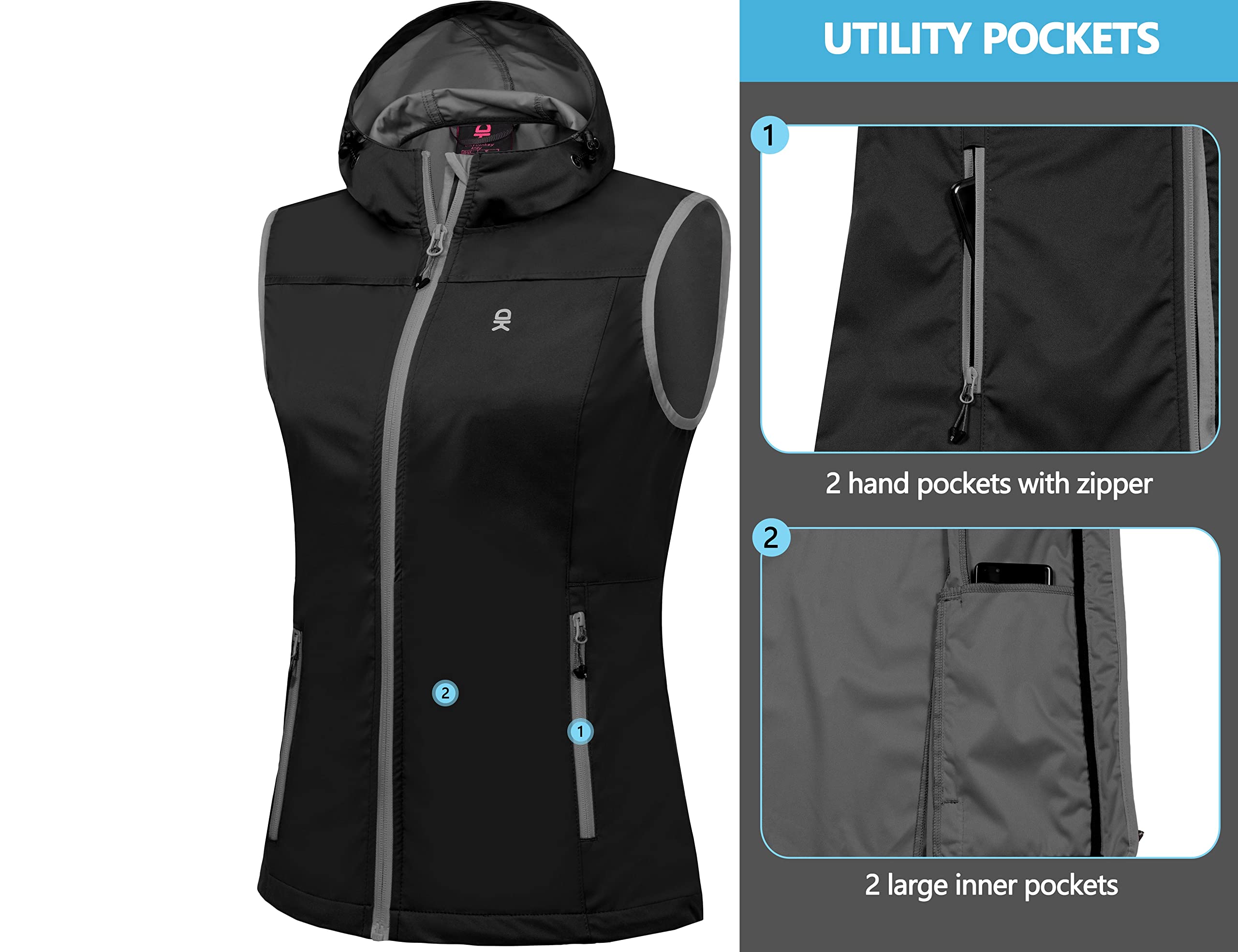 Little Donkey Andy Women's Lightweight Softshell Vest, Hooded Windproof Sleeveless Jacket for Golf Travel Hiking Running Black L