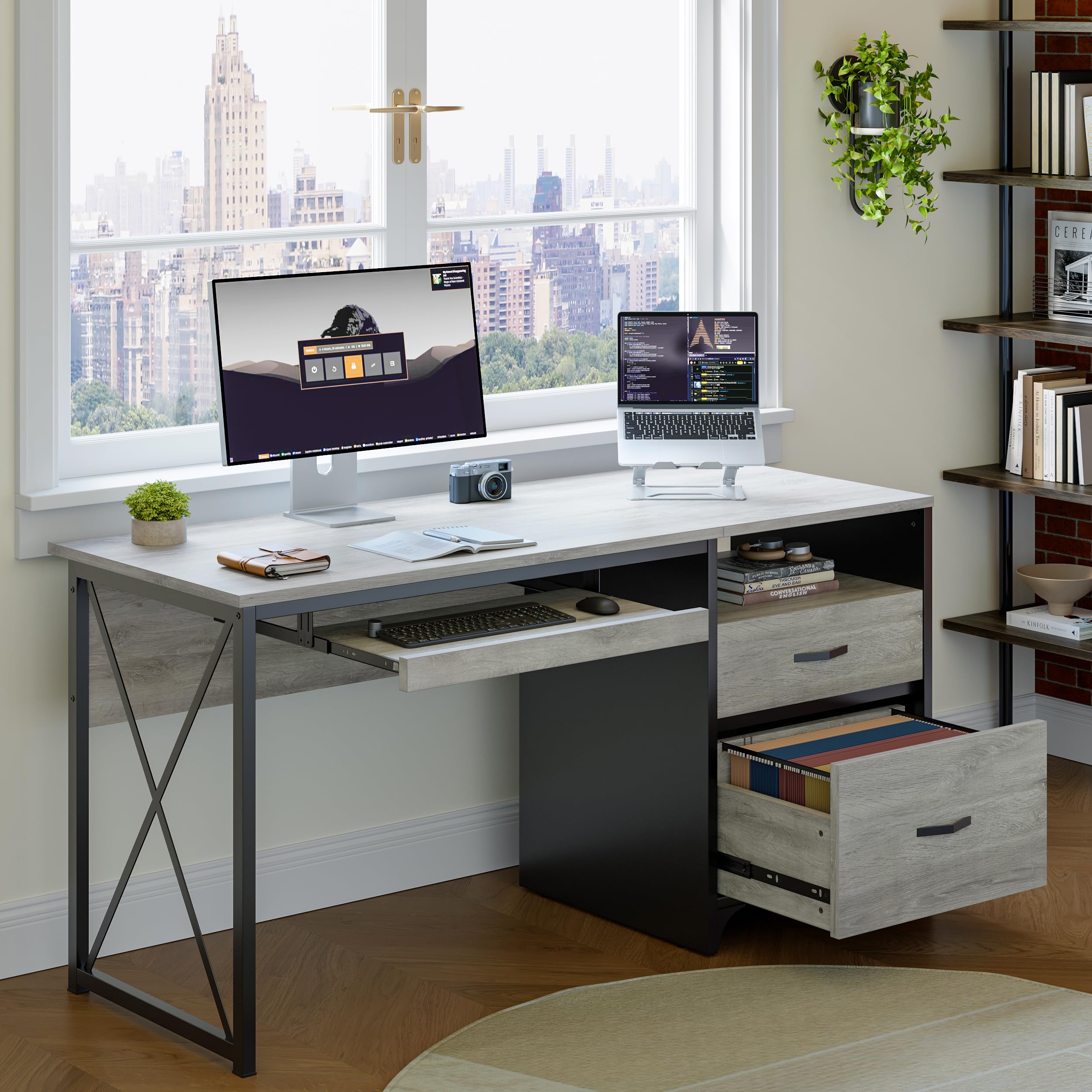 Bestier Office Desk with Drawers, 55 inch Industrial Computer Desk with Storage, Wood Teacher Desk with Keyboard Tray & File Drawer for Home Office, Light Gray Oak