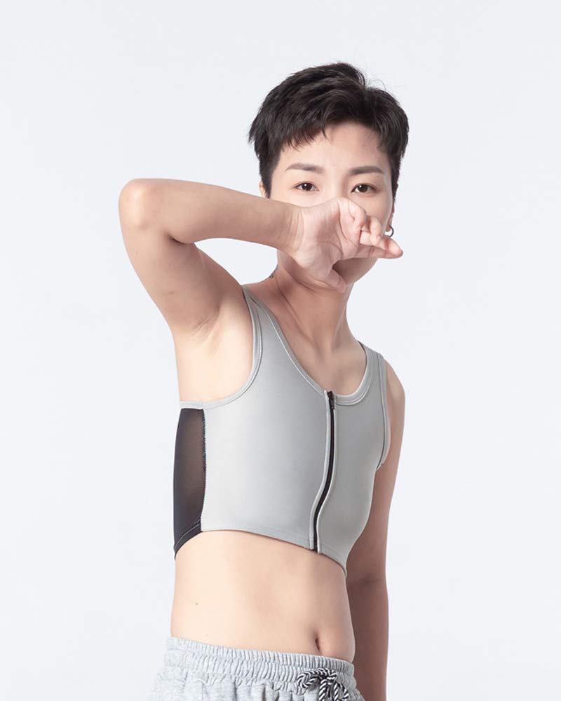 Chest Binder Zipper Up IceSilk Tank Top Vest for Tomboy Trans Lesbian(Gray,XL)