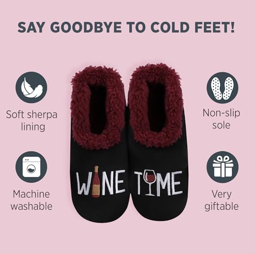 Snoozies Pairables Sherpa-lined Slipper Socks - Fuzzy and Cute Slippers for Women with Non-Slip Sole - Ladies Warm Slippers - Wine Time - Medium
