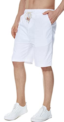 Yuanyi Men's Linen Casual Classic Fit Short Summer Beach Shorts with Elastic Waist and Pockets White XL