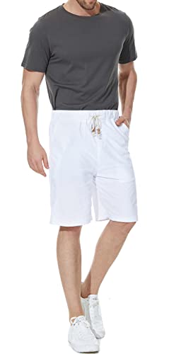 Yuanyi Men's Linen Casual Classic Fit Short Summer Beach Shorts with Elastic Waist and Pockets White XL