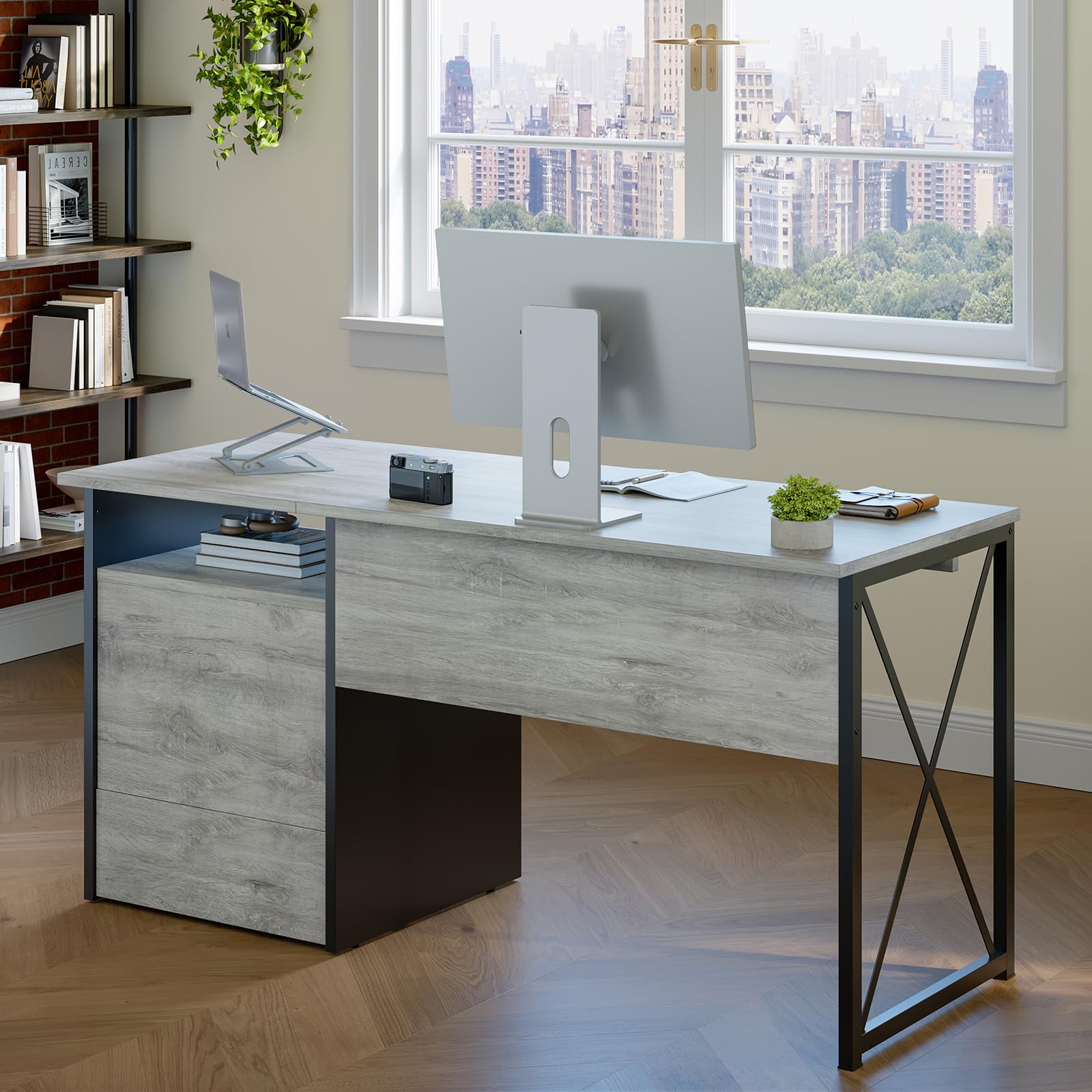 Bestier Office Desk with Drawers, 55 inch Industrial Computer Desk with Storage, Wood Teacher Desk with Keyboard Tray & File Drawer for Home Office, Light Gray Oak