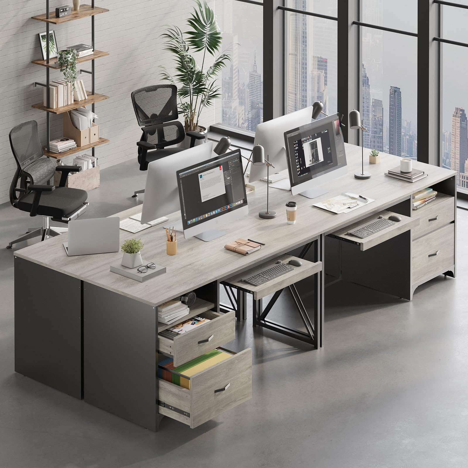 Bestier Office Desk with Drawers, 55 inch Industrial Computer Desk with Storage, Wood Teacher Desk with Keyboard Tray & File Drawer for Home Office, Light Gray Oak