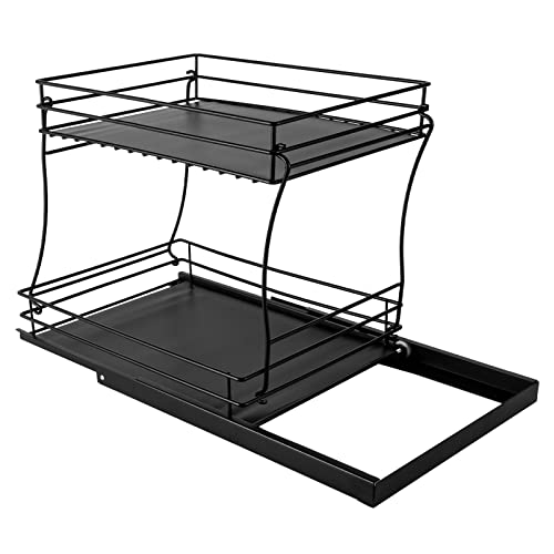 LOYALHEARTDY Pull Out Cabinet Organizer, 2 Tier Stainless Steel Under Sink Storage with Sliding Drawers Rectangular Home Organizer Shelf for Bathroom Kitchen (15.55 x 11.42 x 13.19inch, Black)