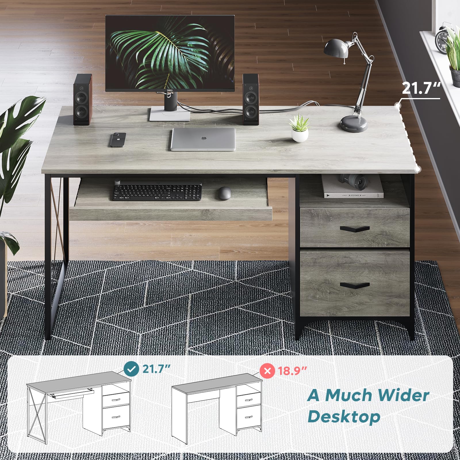 Bestier Office Desk with Drawers, 55 inch Industrial Computer Desk with Storage, Wood Teacher Desk with Keyboard Tray & File Drawer for Home Office, Light Gray Oak