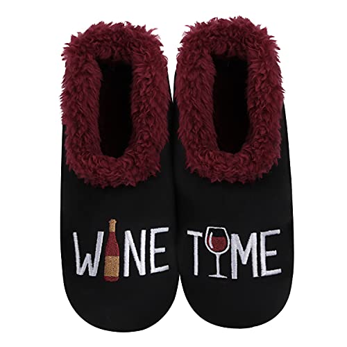 Snoozies Pairables Sherpa-lined Slipper Socks - Fuzzy and Cute Slippers for Women with Non-Slip Sole - Ladies Warm Slippers - Wine Time - Medium