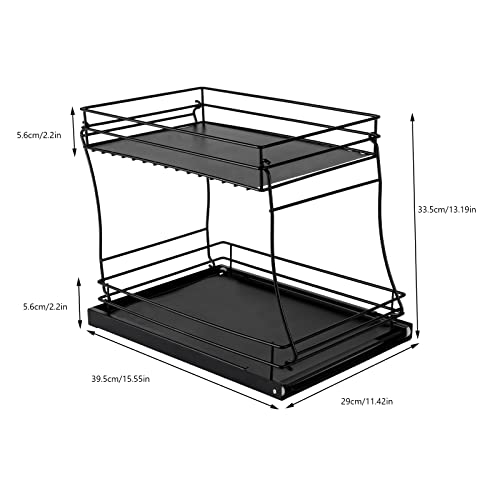 LOYALHEARTDY Pull Out Cabinet Organizer, 2 Tier Stainless Steel Under Sink Storage with Sliding Drawers Rectangular Home Organizer Shelf for Bathroom Kitchen (15.55 x 11.42 x 13.19inch, Black)
