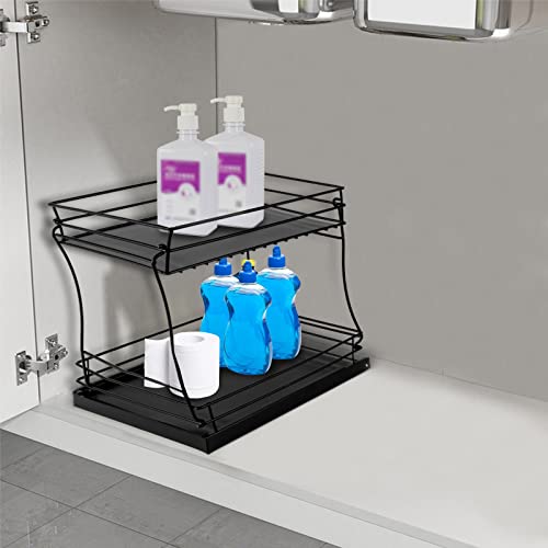 LOYALHEARTDY Pull Out Cabinet Organizer, 2 Tier Stainless Steel Under Sink Storage with Sliding Drawers Rectangular Home Organizer Shelf for Bathroom Kitchen (15.55 x 11.42 x 13.19inch, Black)