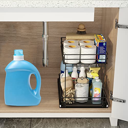 LOYALHEARTDY Pull Out Cabinet Organizer, 2 Tier Stainless Steel Under Sink Storage with Sliding Drawers Rectangular Home Organizer Shelf for Bathroom Kitchen (15.55 x 11.42 x 13.19inch, Black)