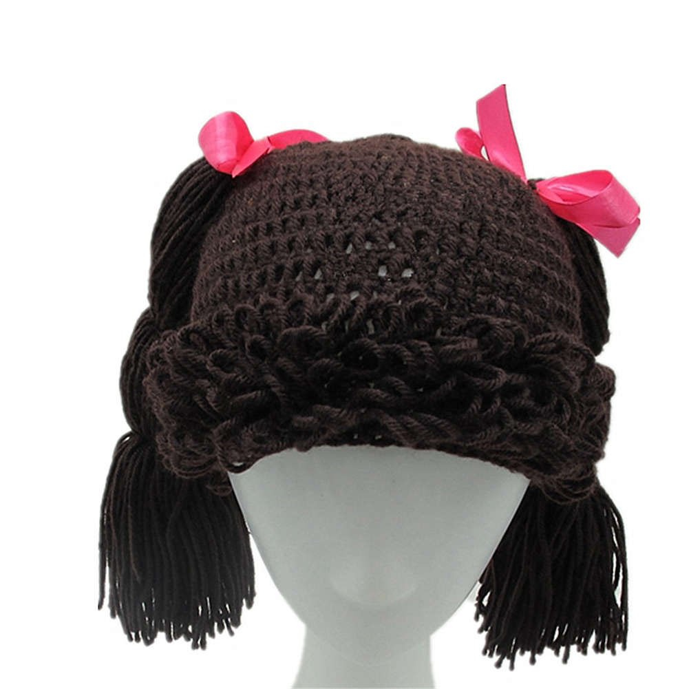 BIBITIME Knitted Pigtail Wig Beanie Handmade Women Girl's Braid Hat Bowknot Cap (One Size for Women, Coffee)