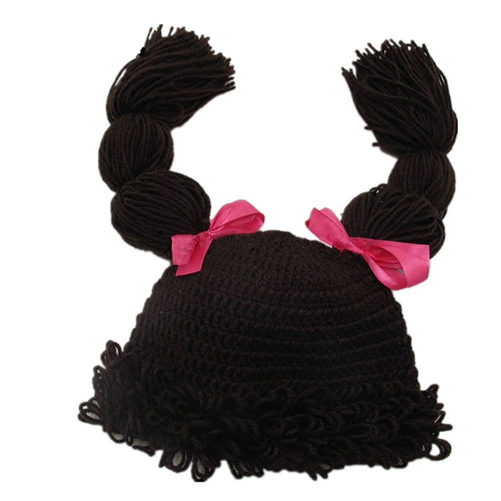 BIBITIME Knitted Pigtail Wig Beanie Handmade Women Girl's Braid Hat Bowknot Cap (One Size for Women, Coffee)