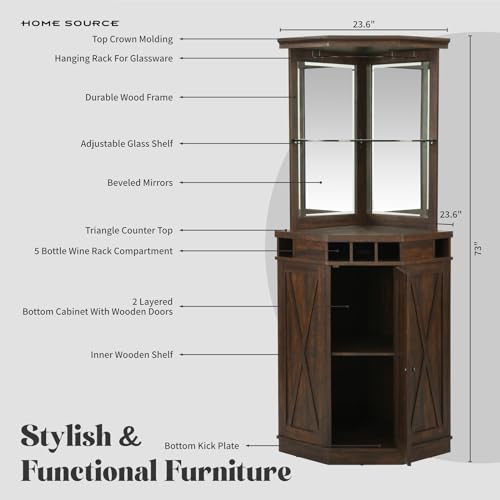 Home Source 73" Tall Corner Storage Cabinet with Wood Doors, Wine Rcak, Liquor Glass Holder, Glass Design Large Rustic Bar Hutch for Living Room, Home Office, Kitchen, Small Space, Charcoal
