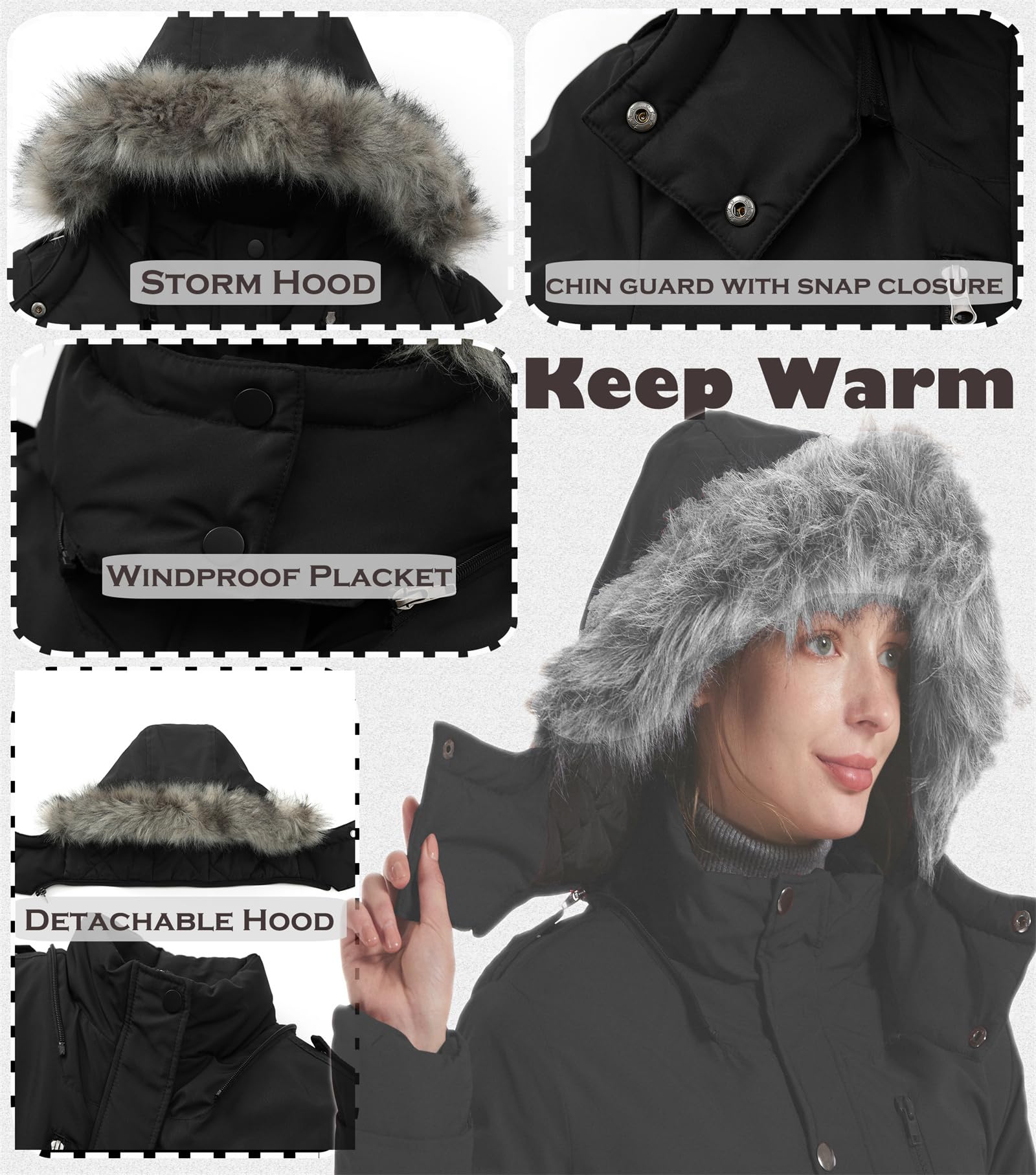 GGleaf Women's Thicken Parka Quilted Puffer Jacket Winter Coat Warm with Removable Hood Black XX-Large