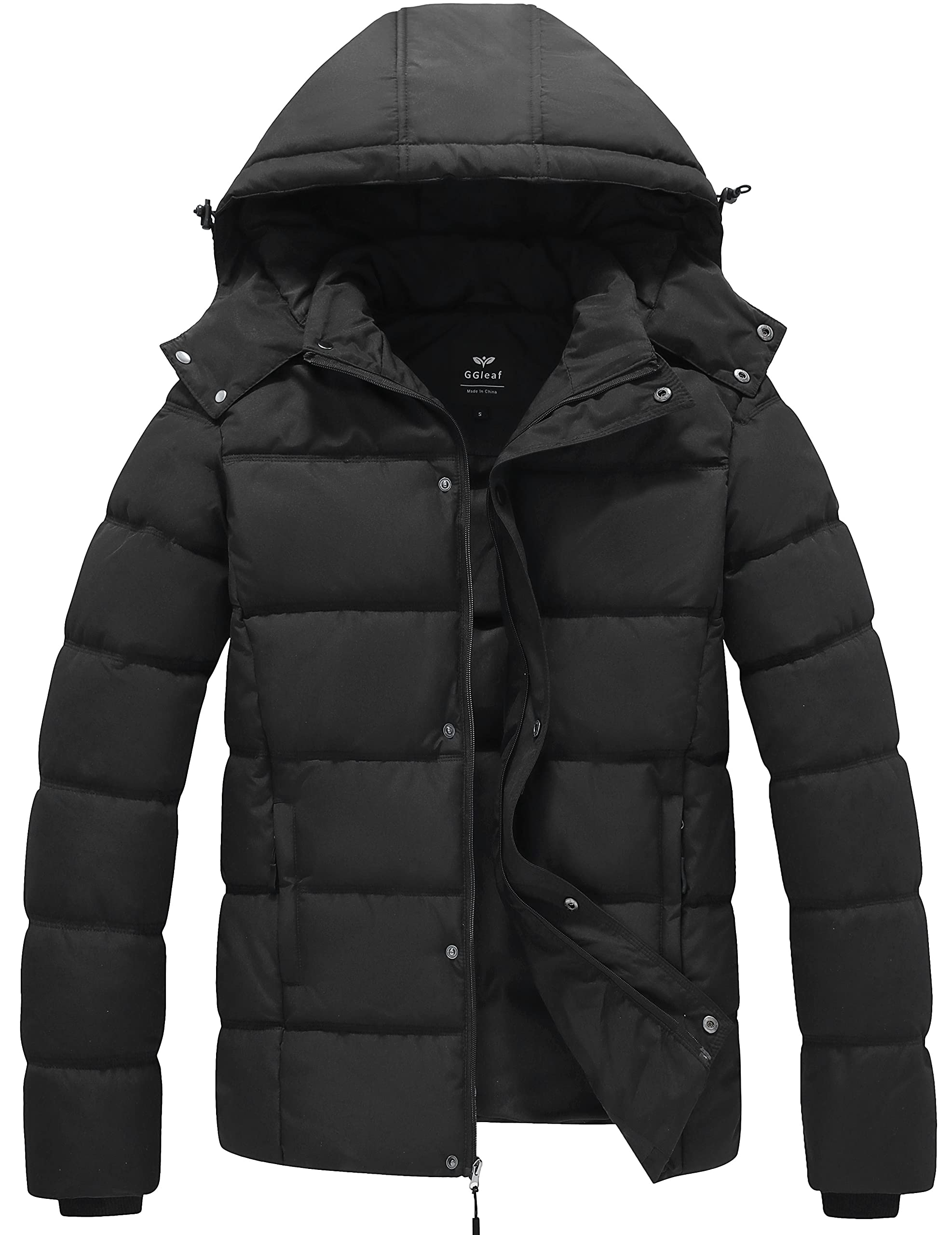 GGleaf Men's Hooded Winter Coat Warm Puffer Jacket Thicken Quilted Jacket Large Black