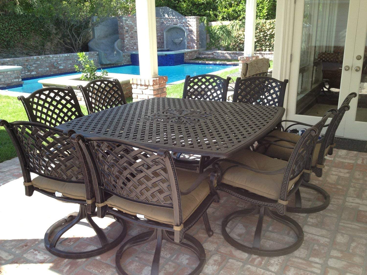Nassau Outdoor Patio 9-pc Dining Set 64 X 64 Cast Aluminum (9-pc Set (with 8 Swivel Rocker), Premium Fabric Linen Sesame Cushions)