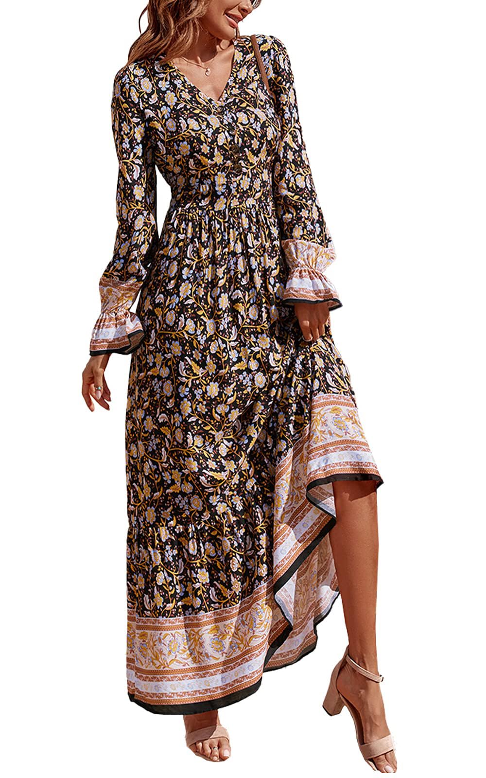 PRETTYGARDEN Maxi Long Sleeve Dress - V Neck Floral Casual Chiffon Spring Fall Long Dresses for Women (Black Yellow,Large)
