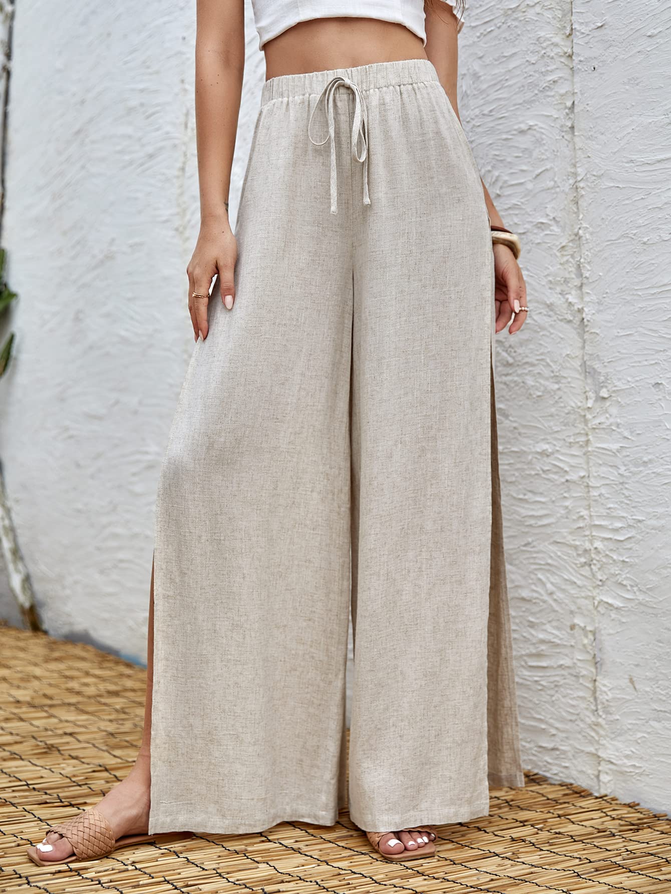 SweatyRocks Women's High Waist Drawstring Split Thigh Wide Leg Palazzo Pants Khaki XL