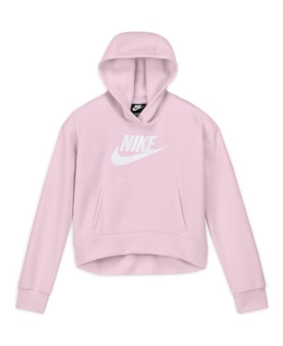 Nike Girl's Sportswear Club Fleece Hoodie - Extended Size (Big Kids) Pink Foam/White S+ (8-9 Plus Big Kid)
