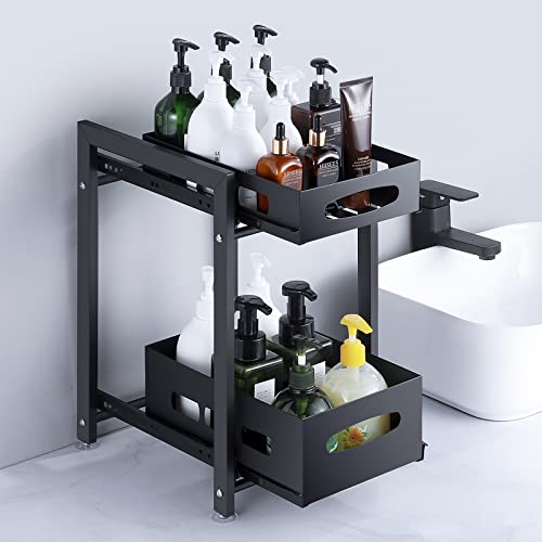 LEPO Under Sink Organizer and Storage, 2 Tier Pull Out Drawer Organizer for Kitchen Cabinets, Stainless Steel Under Sink Organizers with Sliding Basket, Double Under Sink Storage Shelf for Bathroom