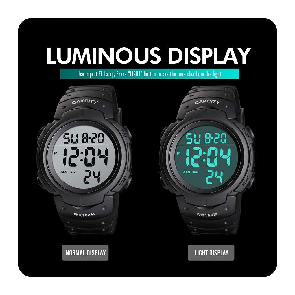 CakCity Digital Sport Watches for Men Waterproof 100M Wrist Watches with Alarm Stopwatch LED Large Display Black - Upgraded Version