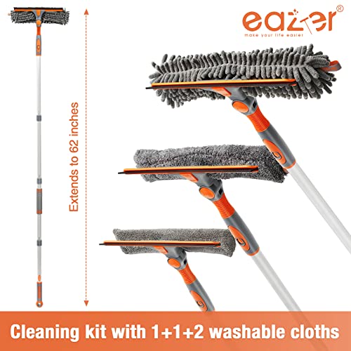 eazer Squeegee Window Cleaner 2 in 1 Rotatable Window Cleaning Tool Kit with Extension Pole, 62‘’ Telescopic Window Washing Equipment with Bendable Head for Indoor/Outdoor Car Glass - 4 Pads