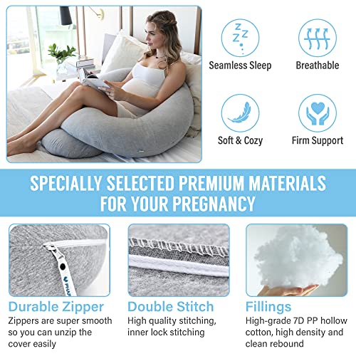 Pharmedoc Pregnancy Pillows, C Shaped Full Body Pillow for Adults– Pregnancy Pillows for Sleeping – Maternity Pillow with Support for Back, Legs, Belly and Hips – Grey Jersey Cotton Removable Cover
