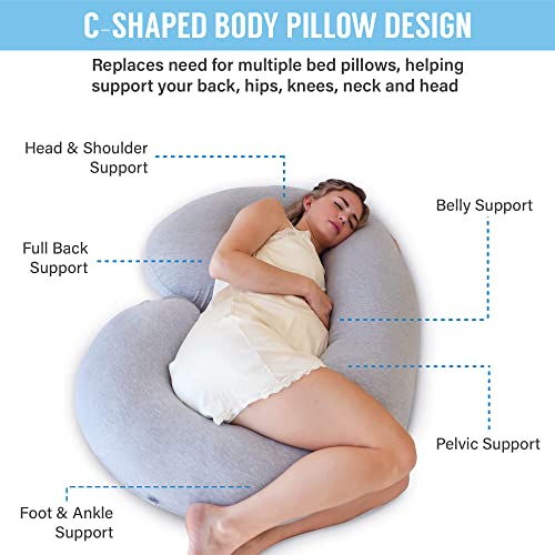 Pharmedoc Pregnancy Pillows, C Shaped Full Body Pillow for Adults– Pregnancy Pillows for Sleeping – Maternity Pillow with Support for Back, Legs, Belly and Hips – Grey Jersey Cotton Removable Cover